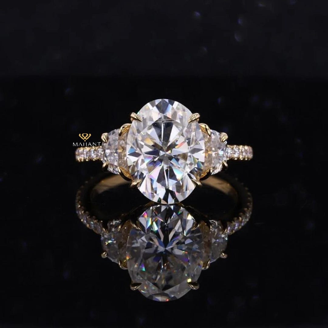 3CT Oval Cut With Half Moon Diamond Hidden Halo Ring, 14K Gold Vintage ...
