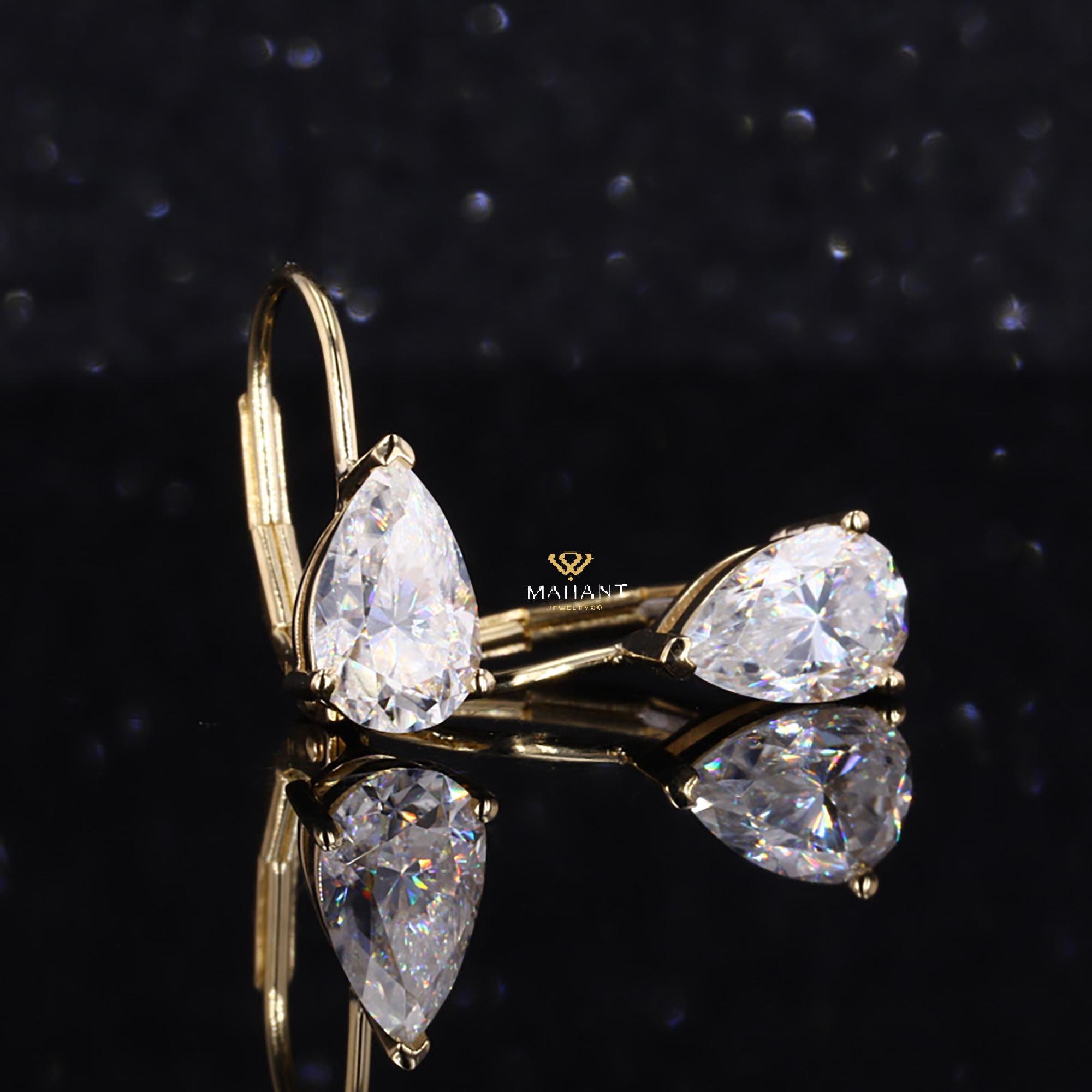 Pear Shaped Diamond Drop Leverback Earrings, Teardrop Earring, Drop ...