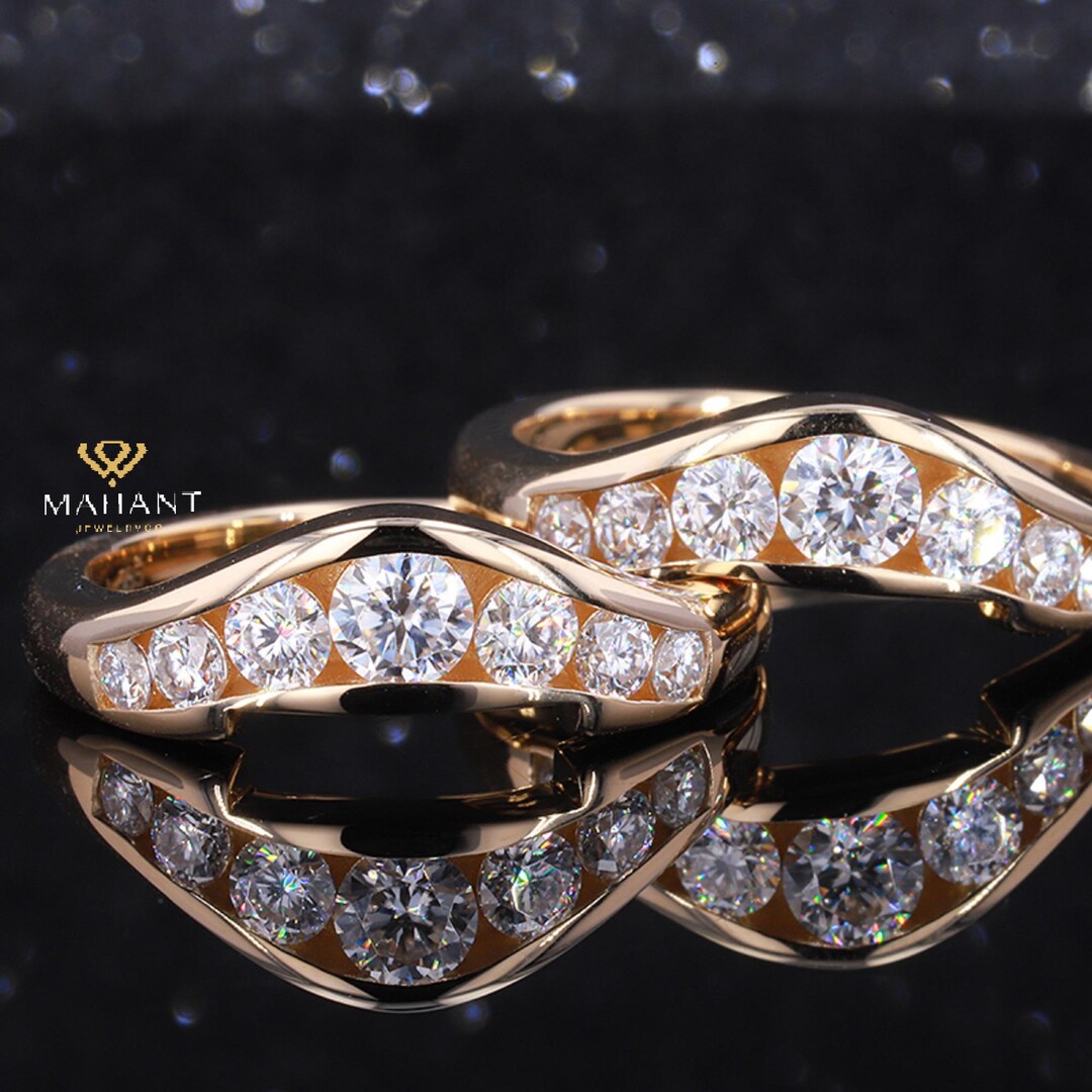 14K Solid Gold Curved Stacking Band Dainty Round Diamond Wedding Band ...