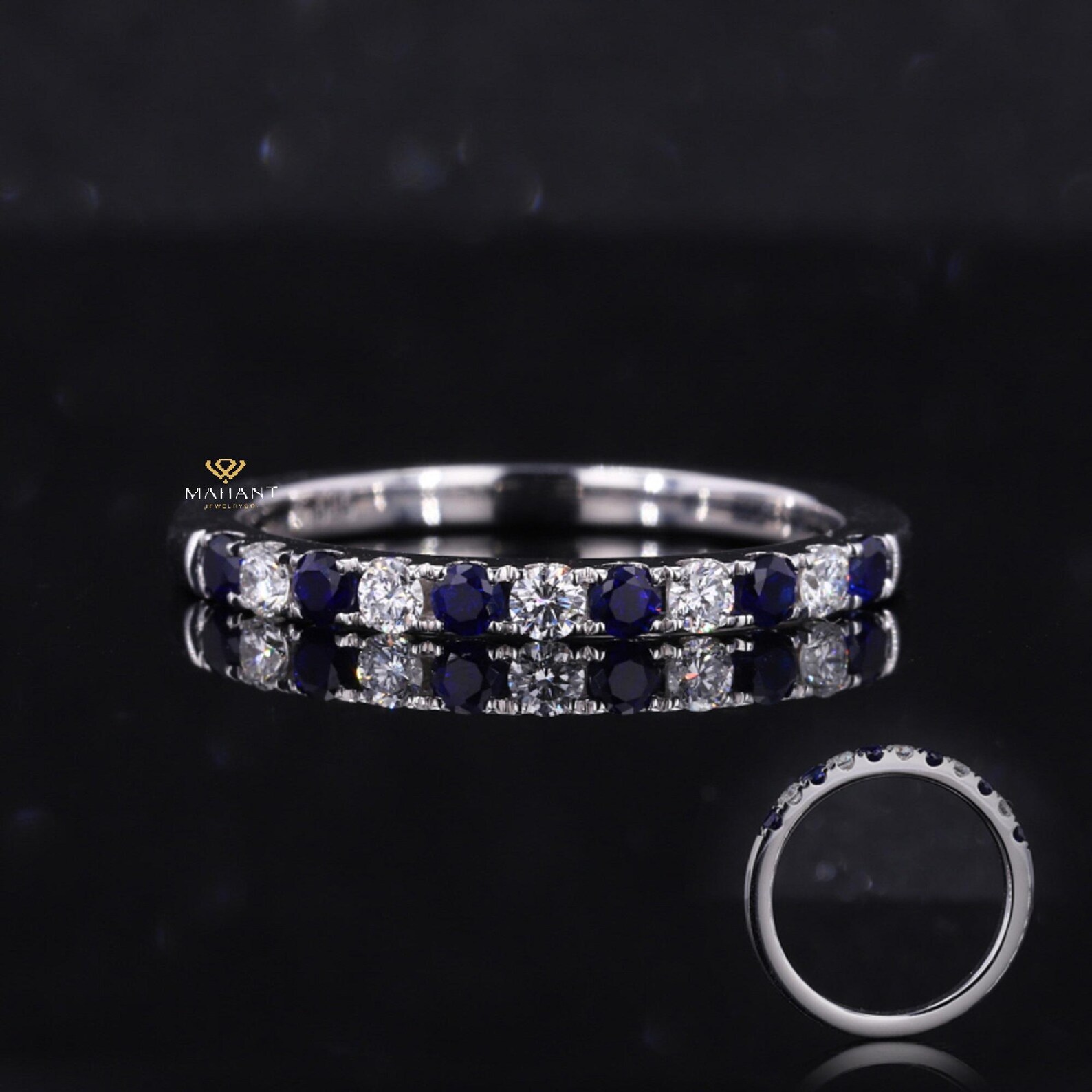 Diamond Blue Sapphire Half Eternity Band Pave Alternating Sapphire ...