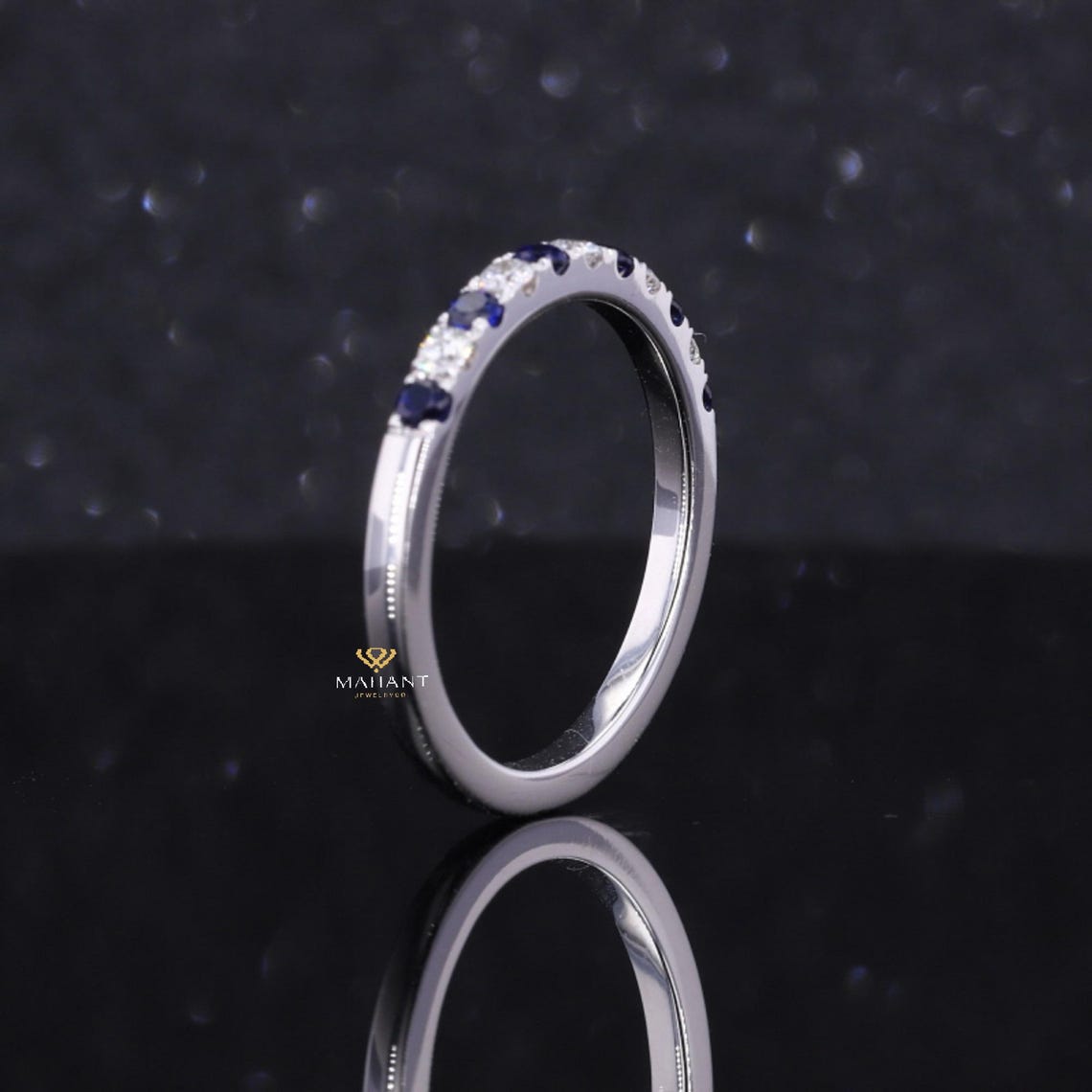 Diamond Blue Sapphire Half Eternity Band Pave Alternating Sapphire ...