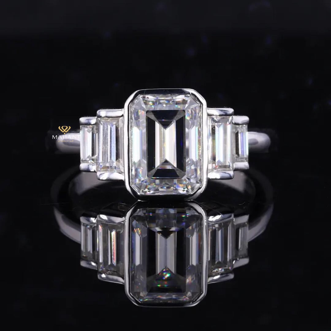 Emerald Cut Side Baguette Cut Bezel Set Lab Grown Diamond Engagement ...