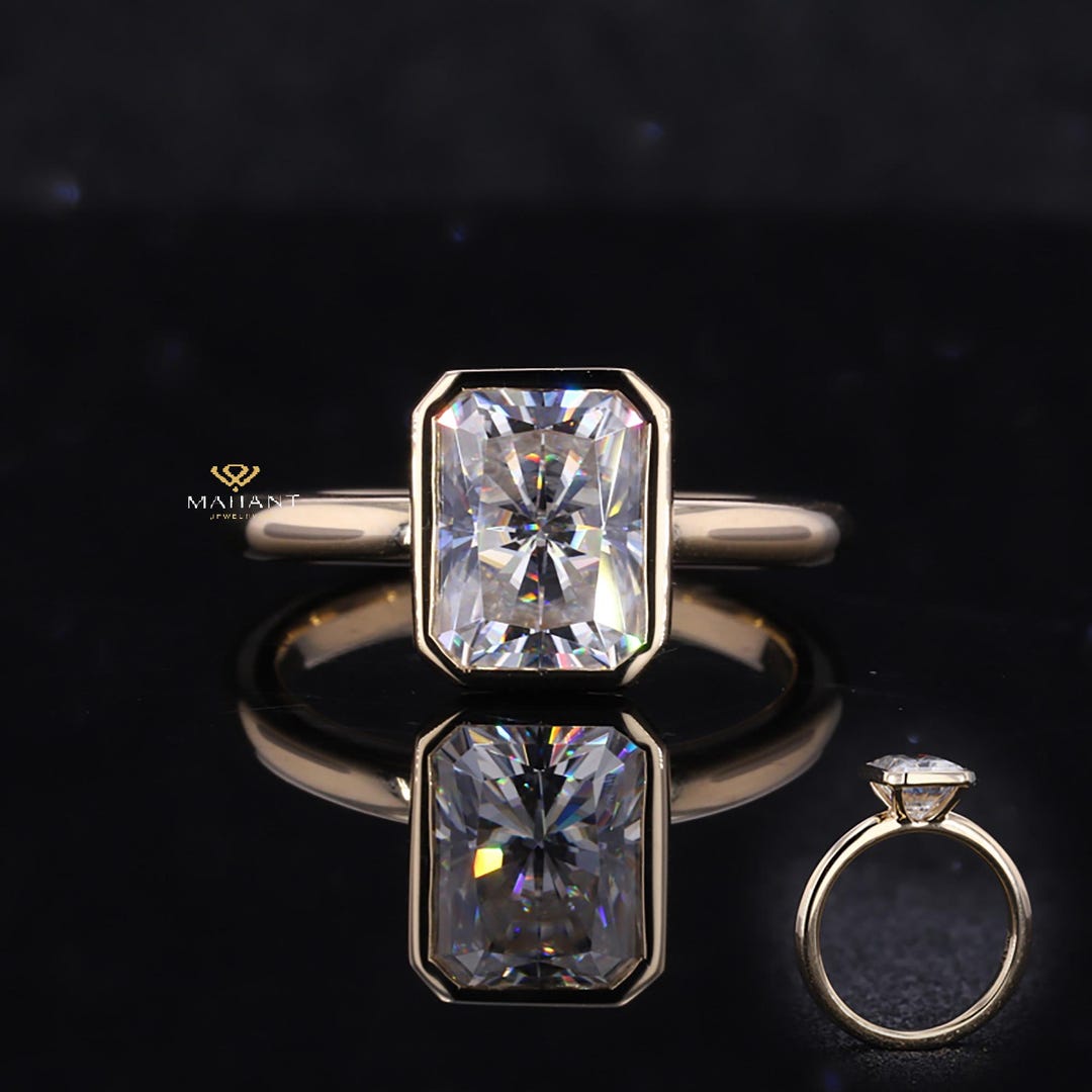 Bezel Set Radiant Cut Diamond Engagement Ring, Solitaire Ring, 14K ...