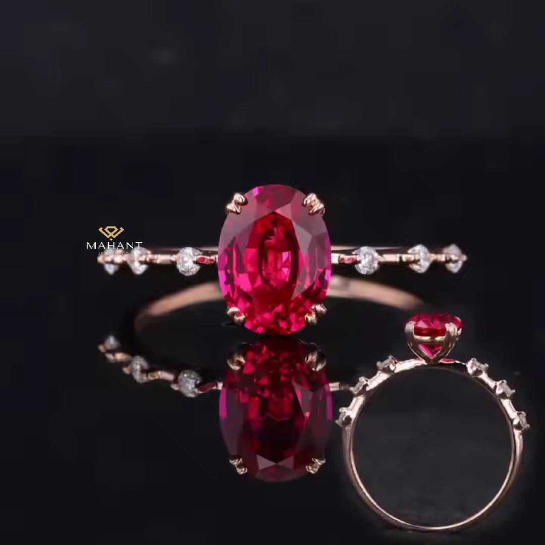 Vintage Lab Ruby Engagement Ring Rose Gold Oval Shaped Ring Art Deco ...