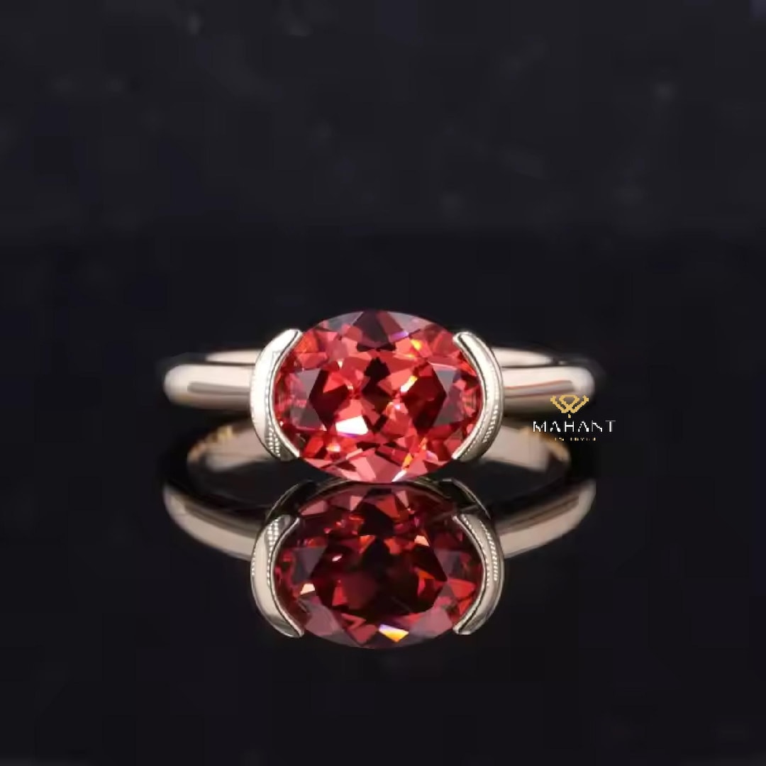 East to West Oval Cut Engagement Ring, Half Bezel Set Ruby Oval ...