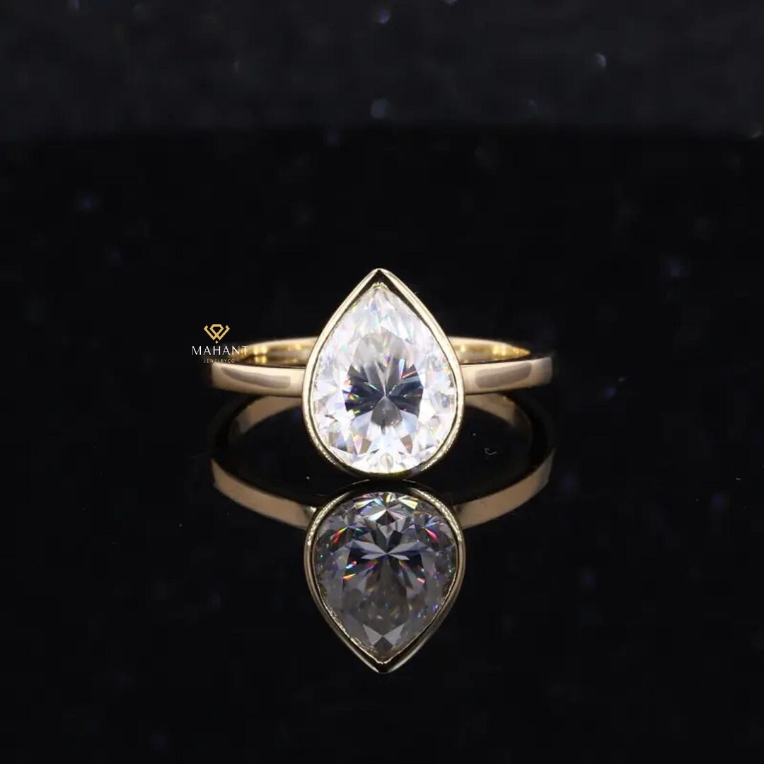 Bezel Set Pear Shaped Engagement Ring, Solitaire Ring, 14k Yellow Gold ...