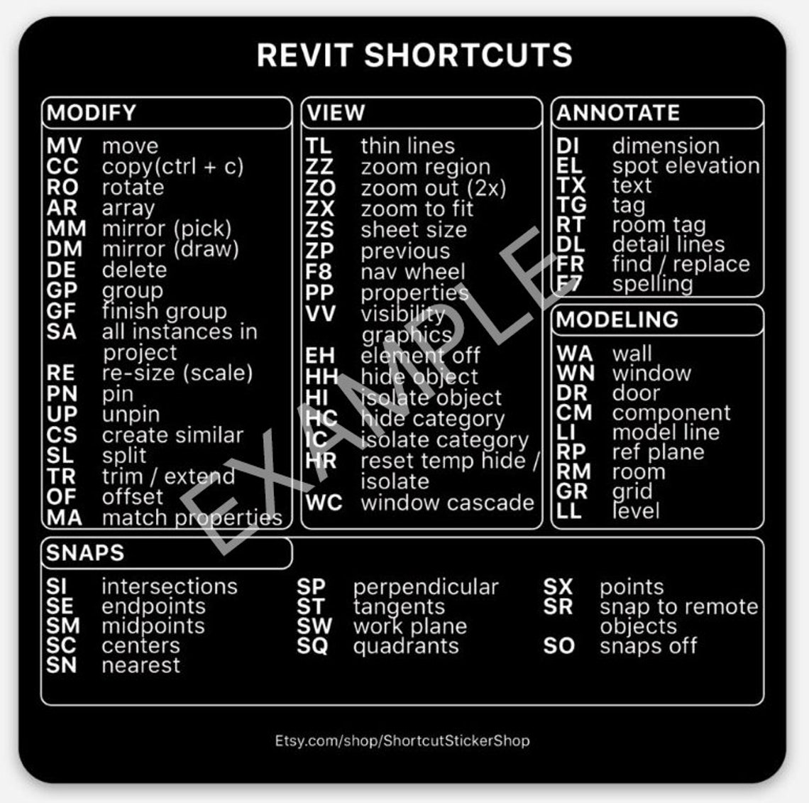 Windows Revit Shortcut Sticker: Keyboard Shortcuts - Etsy