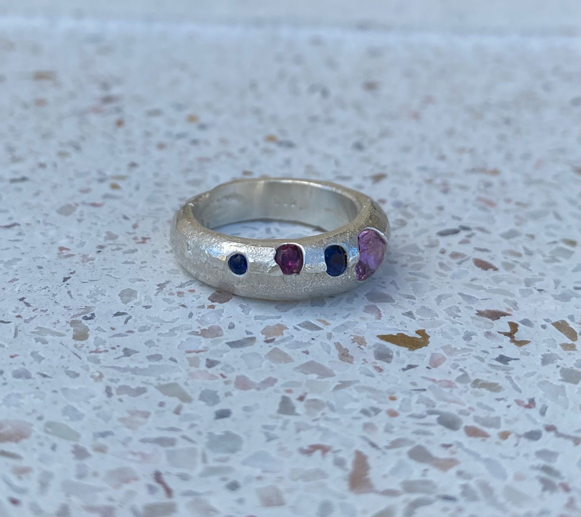 Pink and Blue Gemstone Sand Cast Ring Solid Sterling Silver - Etsy