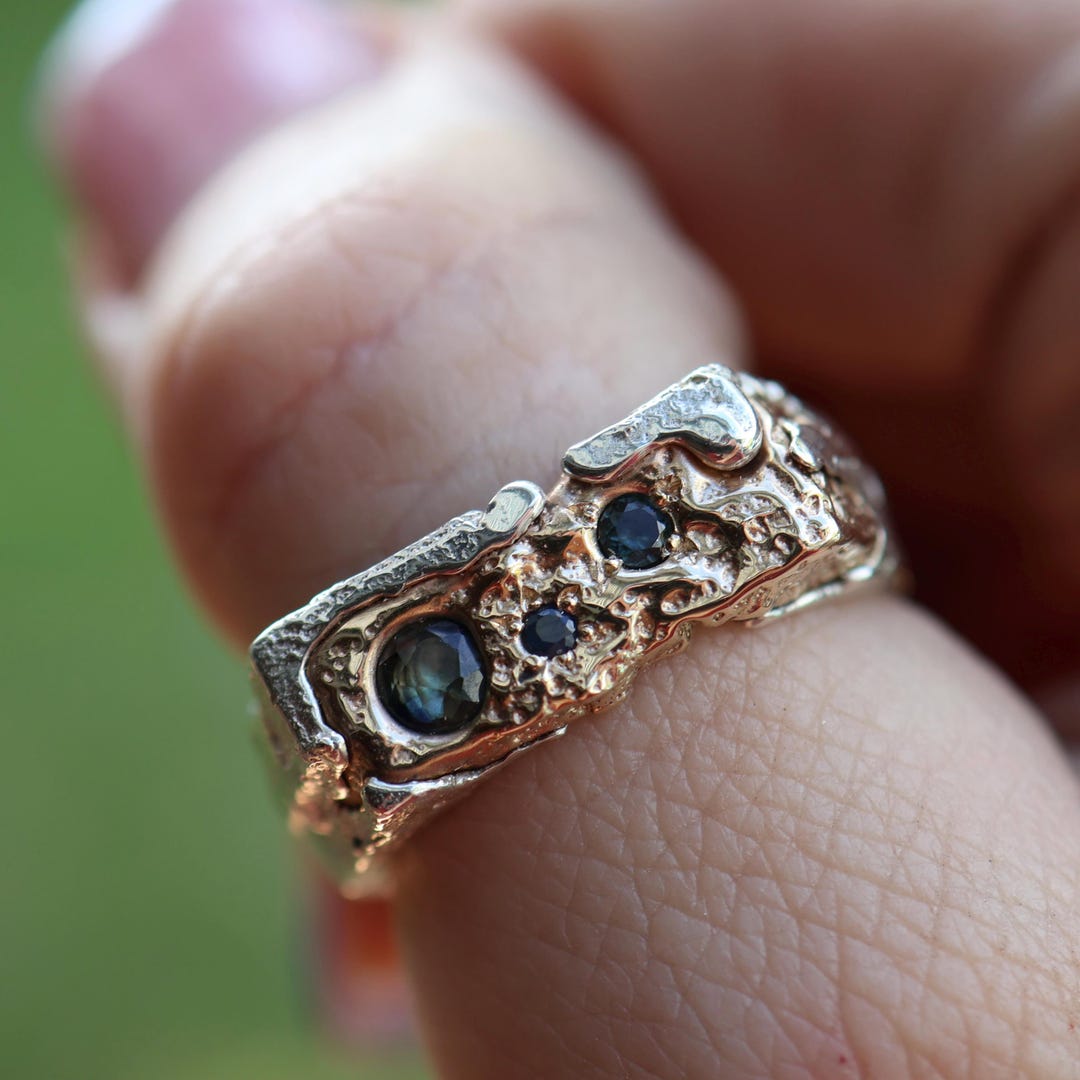 Mixed Metal Sand Cast Ring With Sapphires Cast in Place, Chunky ...