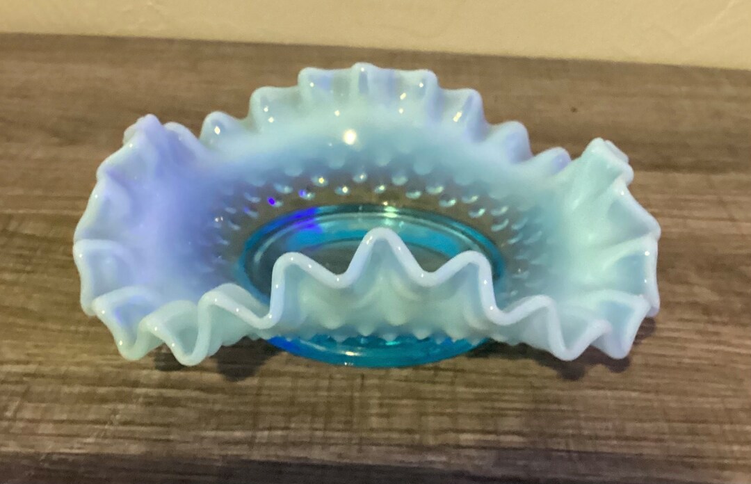 Vintage Fenton Opalescent Blue Hobnail Dish With Ruffled Rim - Etsy
