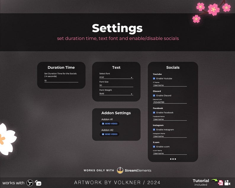 Sakura Social Media Widget | 10 Animated Social Rotator Twitch | Blossom Stream Overlay ...