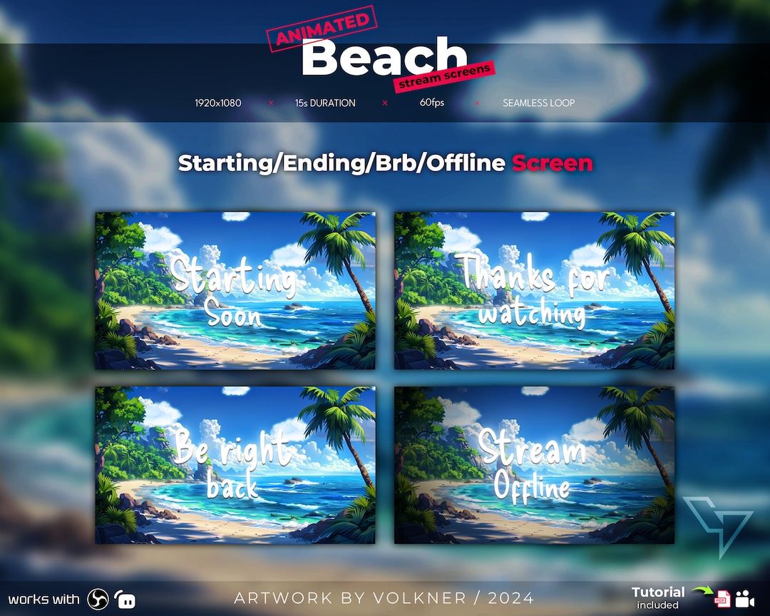 4 Animated Beach Twitch Screens | Vtuber Stream Overlay | 4 Looped ...