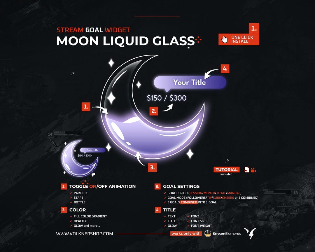 Moon Liquid Goal Widget | Glass Twitch Goals | Fully Customizable | Sub ...