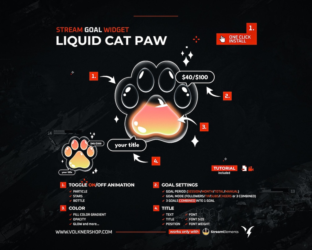 Cat Paw Liquid Goal Widget | Glass Twitch Goals | Fully Customizable ...