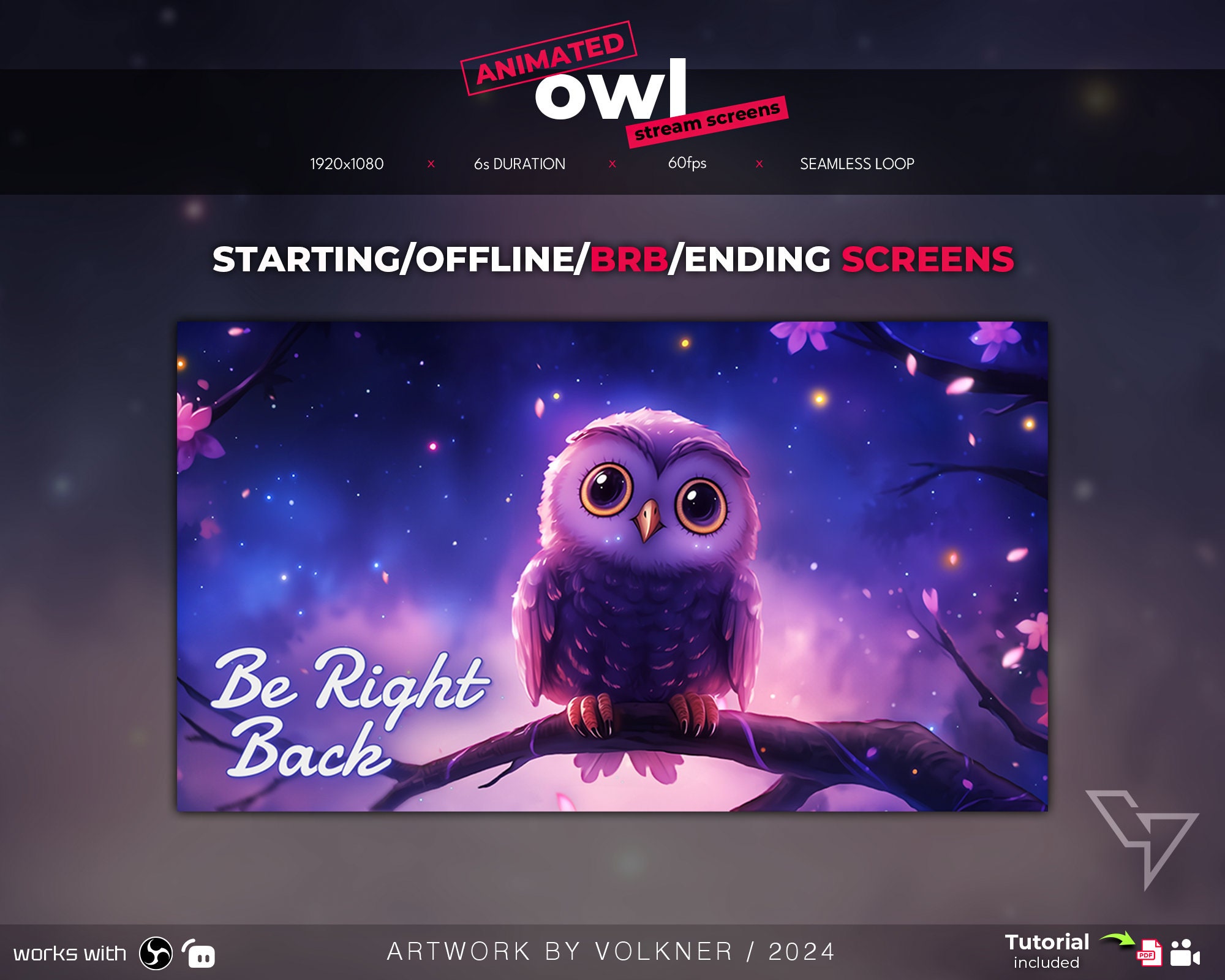 Animated Owl Vtuber Twitch Screens | Cute Purple Stream Overlay ...