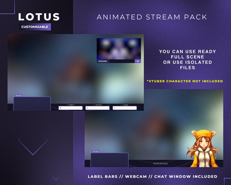 Lotus Animated Stream Pack | Minimal Aesthetic Purple Stream Overlay ...