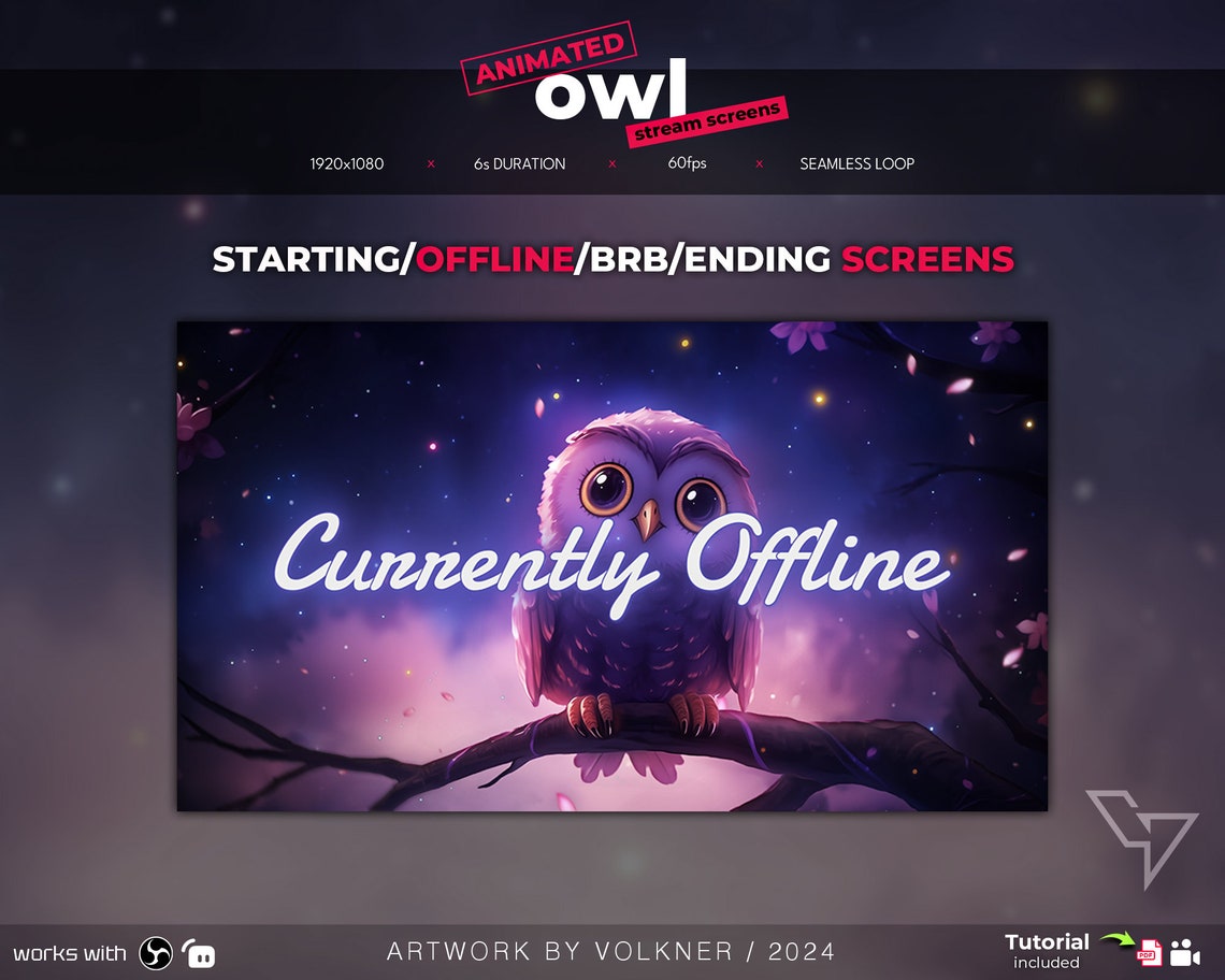 Animated Owl Vtuber Twitch Screens | Cute Purple Stream Overlay ...