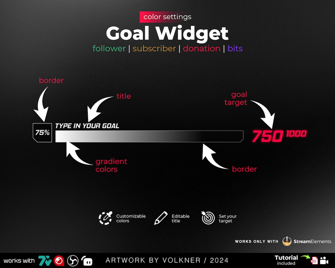 Futuristic Twitch Goal Widget | Customizable Sub Goal | Follower | Cheers | Donation Widget ...