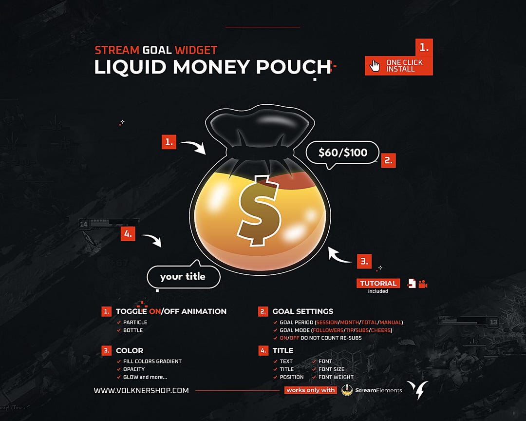 Liquid Money Pouch Goal Widget | Money Bag Glass Twitch Goals | Fully ...