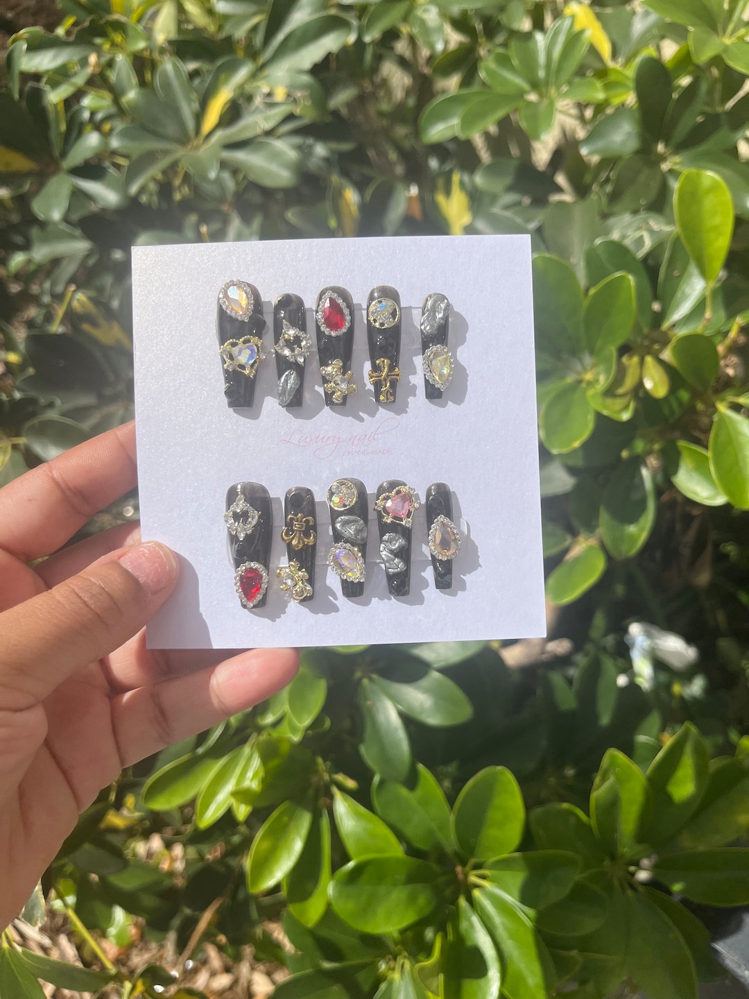 Gold Rush Gel Press on Set-gem Press on Nails- Black Coffin Press on ...