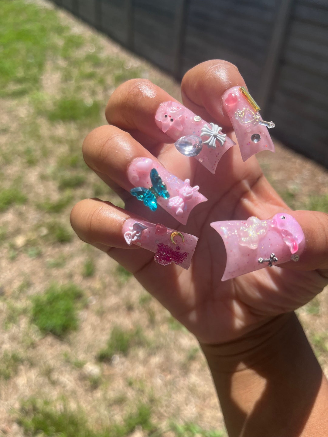 Issa Junkie Pt 2 Acrylic Press on Set- Pink Duck Shaped Nails- Junk ...