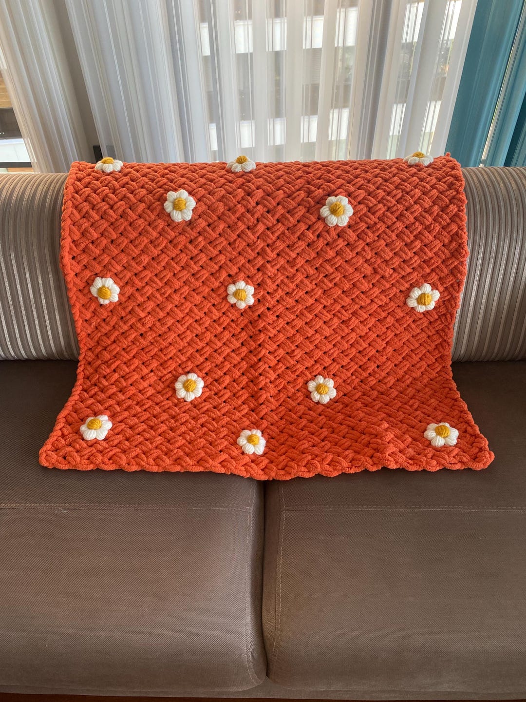 Hand Knitted Orange Baby Blanket With Daisy Flowers - Etsy