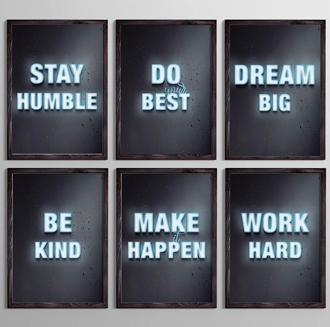 6x Inspirational Blue Neon Wall Art Office Decor Motivational Canvas ...