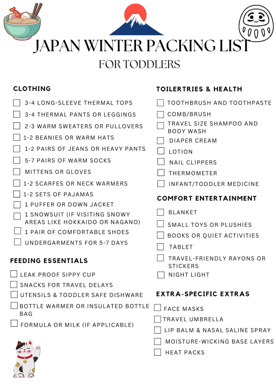 Japan Winter Packing List for Toddlers | Printable Family Travel ...