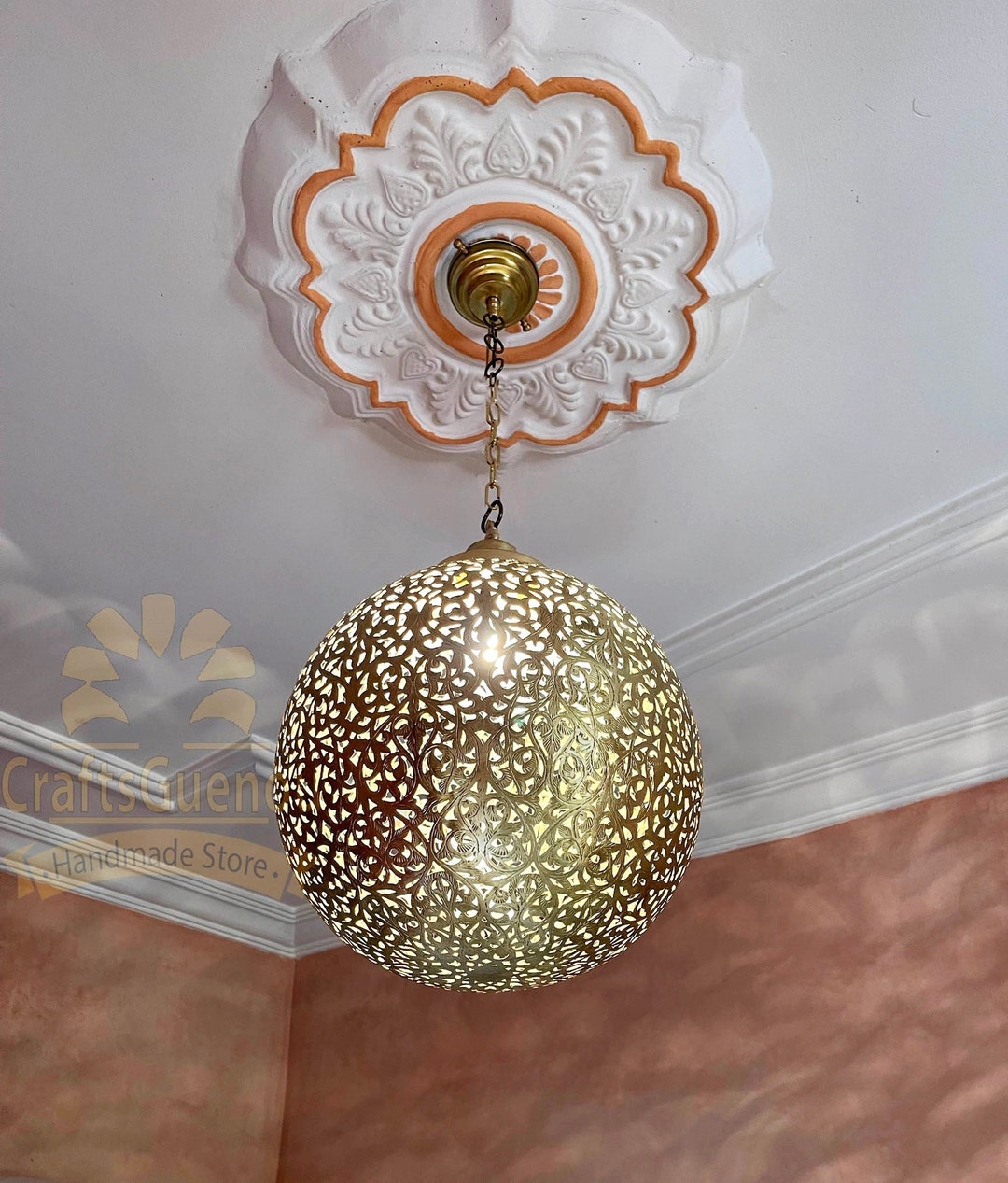 Moroccan Brass Pendant Light, Hanging Oriental Moorish Golden Lamps ...