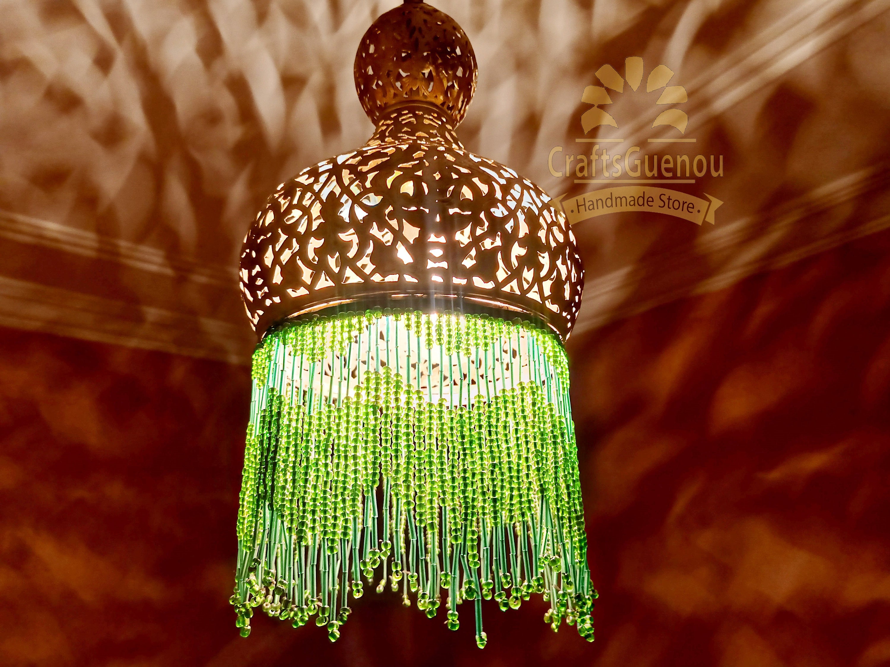 Brass Beaded Pendant Light, Beaded Chandelier, Beaded Light Fixture ...