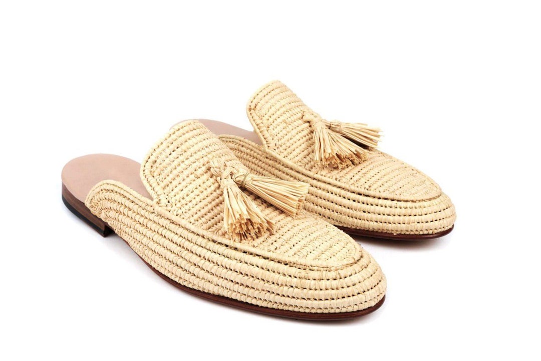 Raffia Mules for Women, Women Wedding Raffia Shoes, Moroccan Raffia ...