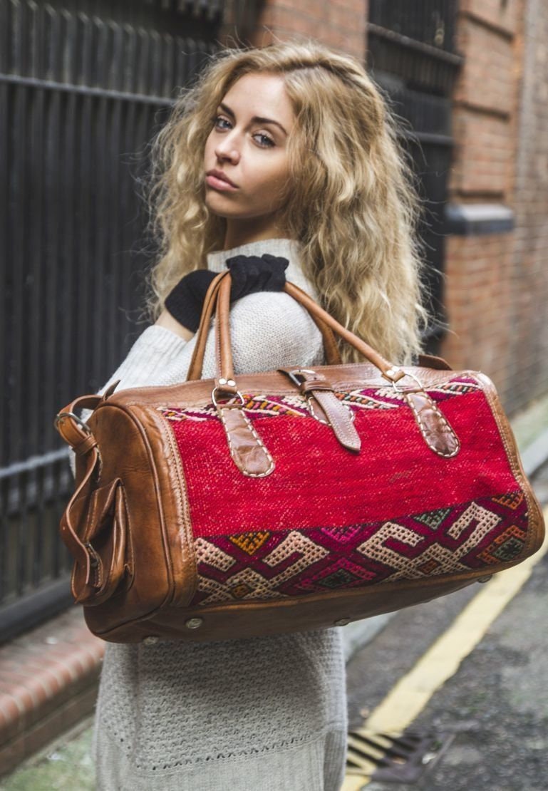 Moroccan Leather Kilim Duffle Bag, Unisex Weekender Travel Bag, Vintage ...