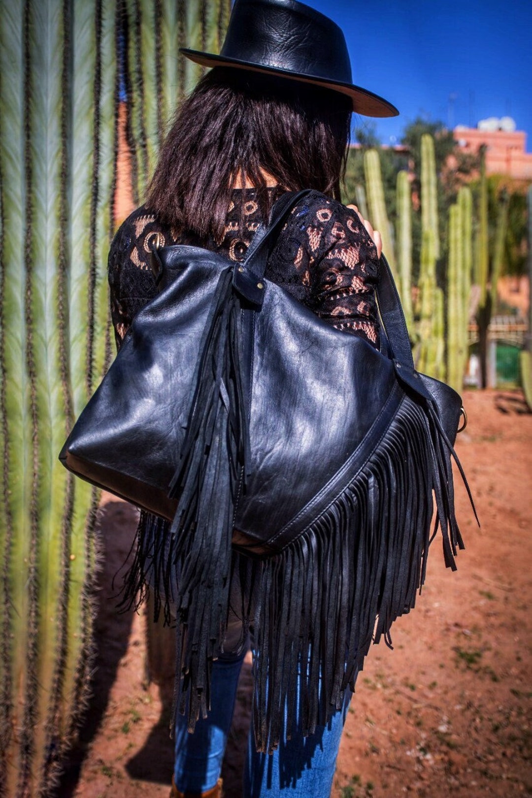 Black Fringe Western Purse, Black Leather Fringe Purse, Moroccan Black ...