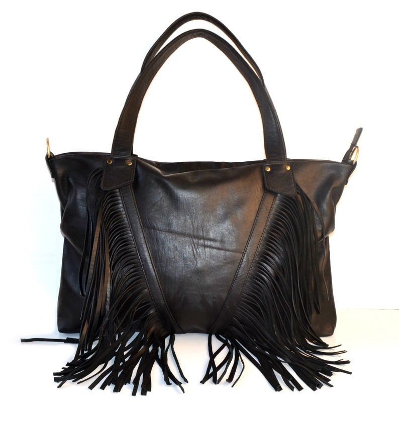Black Fringe Western Purse, Black Leather Fringe Purse, Moroccan Black ...