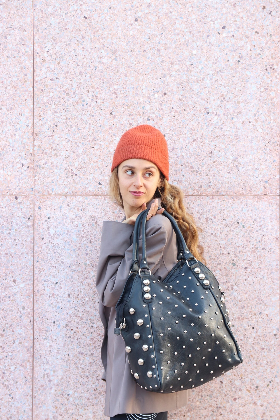 Studded Leather Tote Bag, Moroccan Black Rivet Handbag, Handmade - Etsy