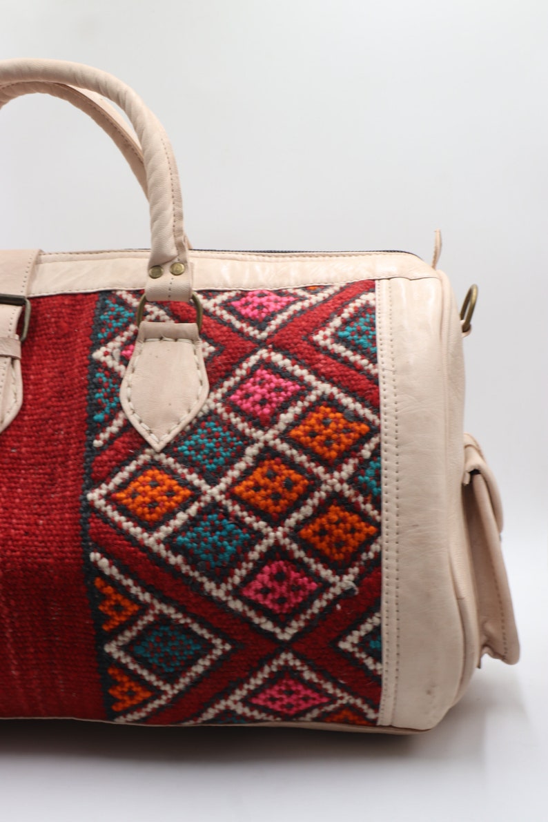 Moroccan Leather Kilim Duffle Bag, Unisex Weekender Travel Bag, Vintage ...