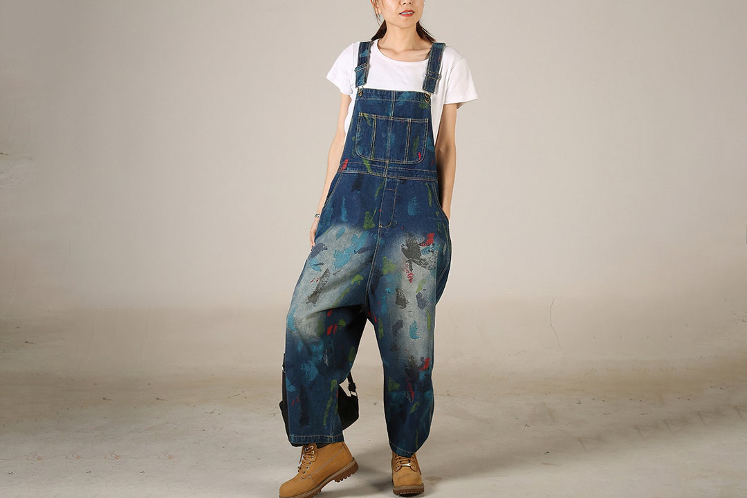 Retro Washed Denim Overall Watercolor Printed Overall Big - Etsy