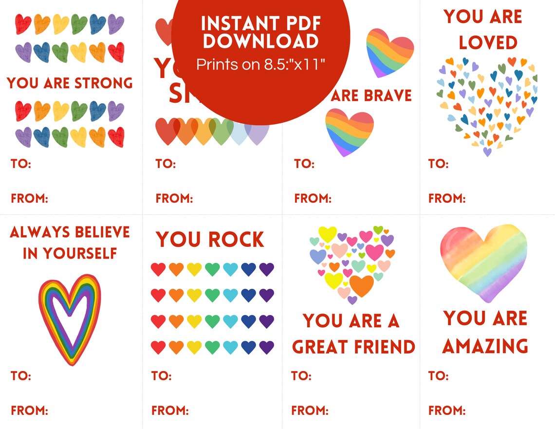 Valentine's Day Rainbow Heart Positive Affirmations Classroom Valentine ...