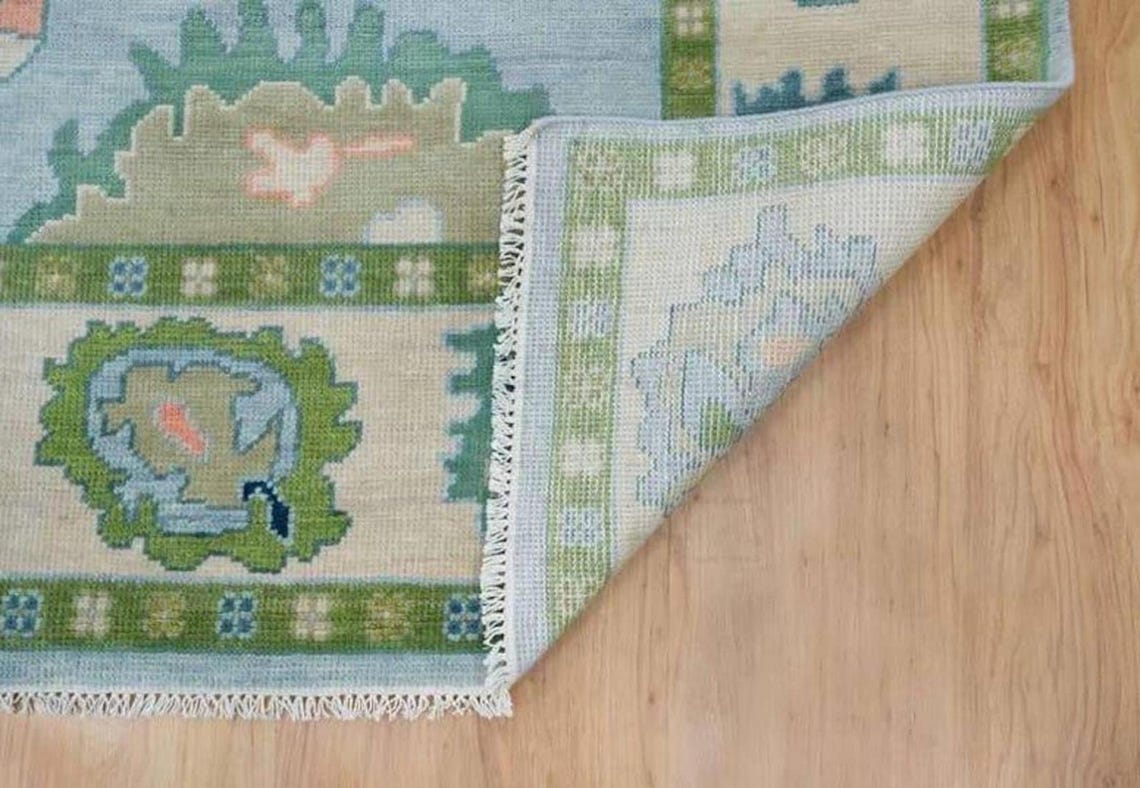 Light Blue and Cream With Green Accent Oushak Rug for Living Room and ...