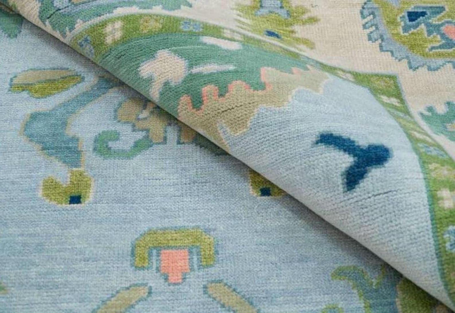 Light Blue and Cream With Green Accent Oushak Rug for Living Room and ...