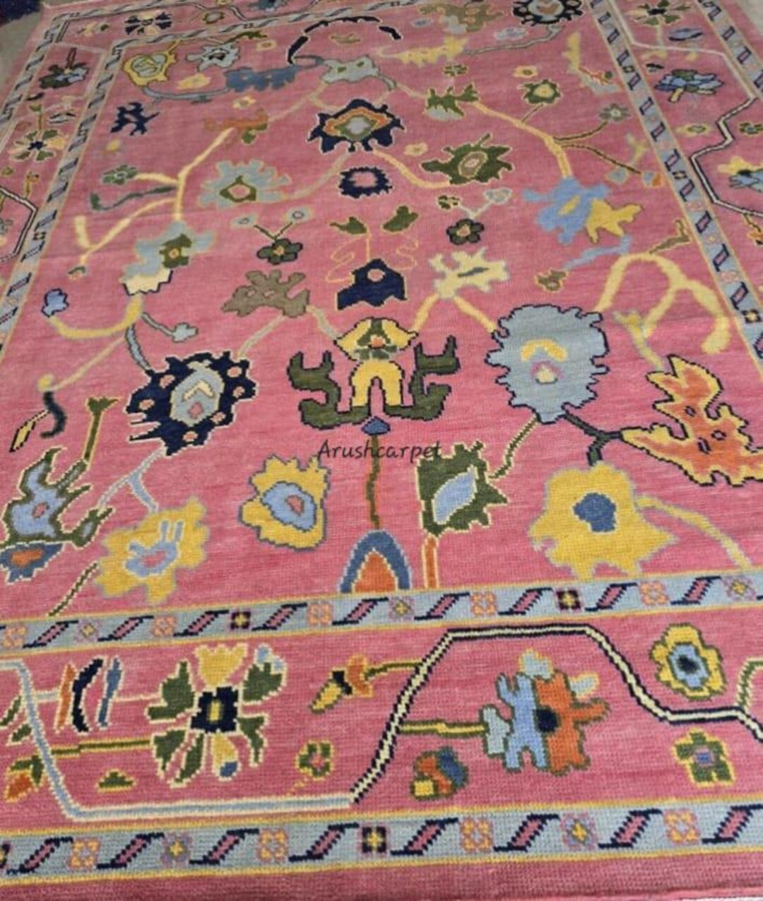 Pink Background and Light Blue and Green Accent Floral Design Oushak ...