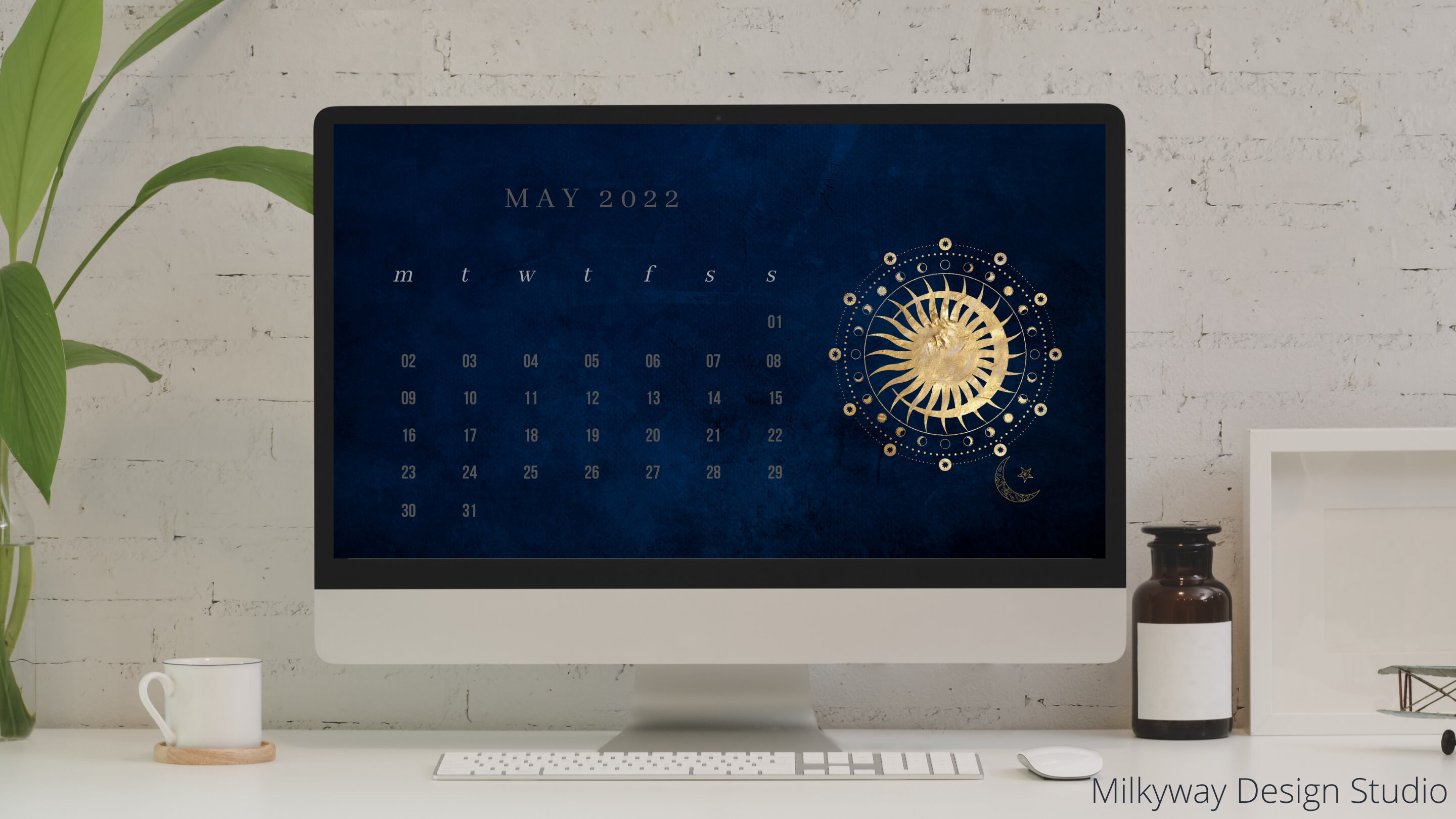 2022 Calendar Desktop Wallpaper Organizer Celestial Blue Sun Computer ...