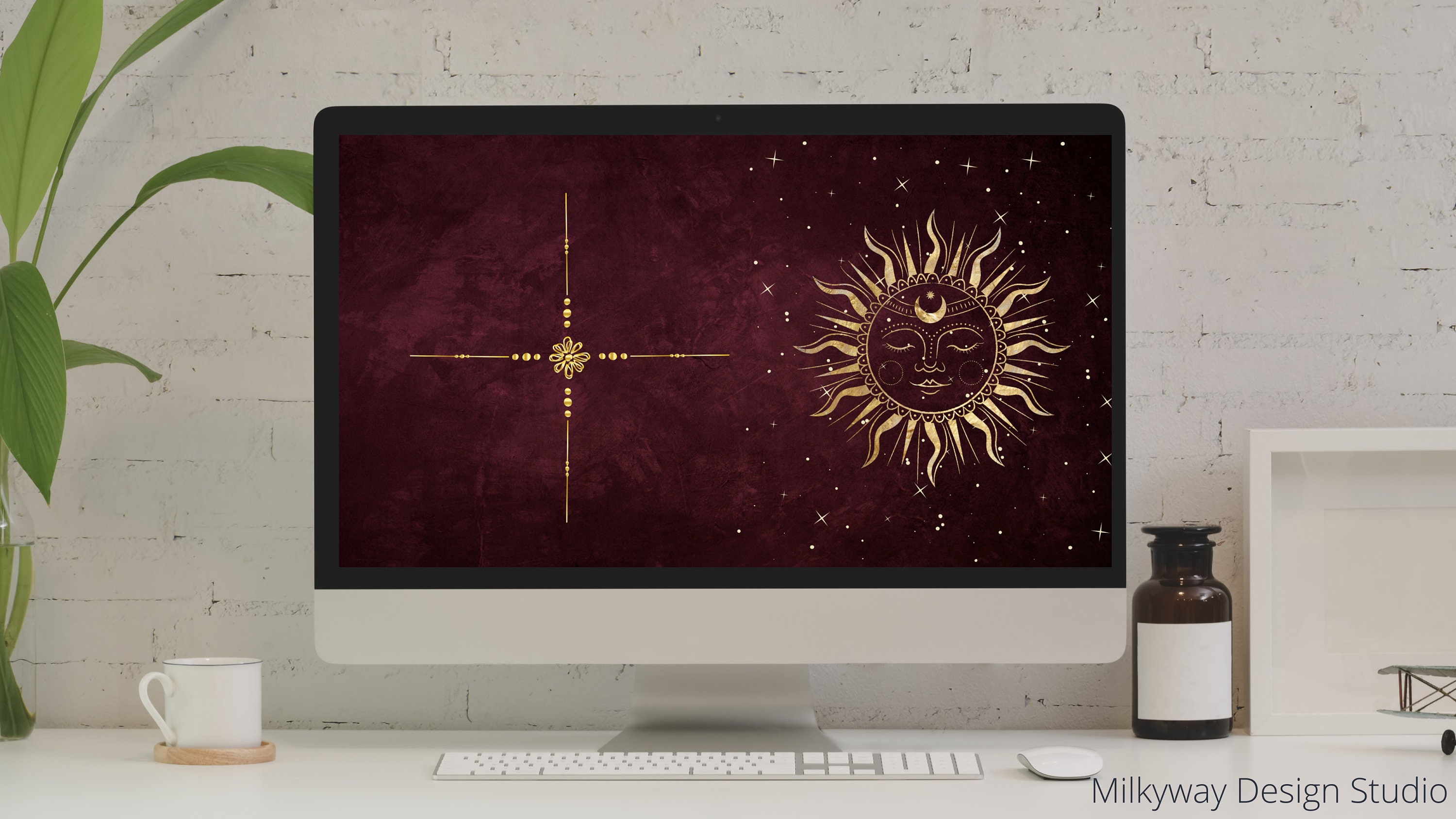 Desktop Organizer | Wallpaper | Celestial Burgundy | Gold Moon ...