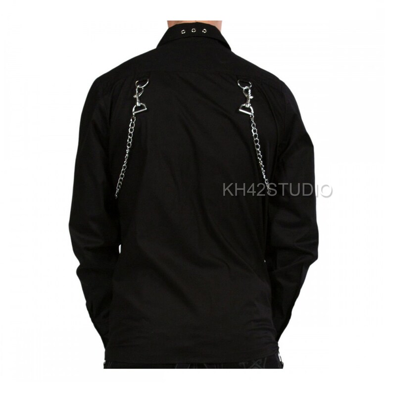 Men Gothic Long Sleeve Shirt Punk Metal Studs Chains Button up Shirts ...