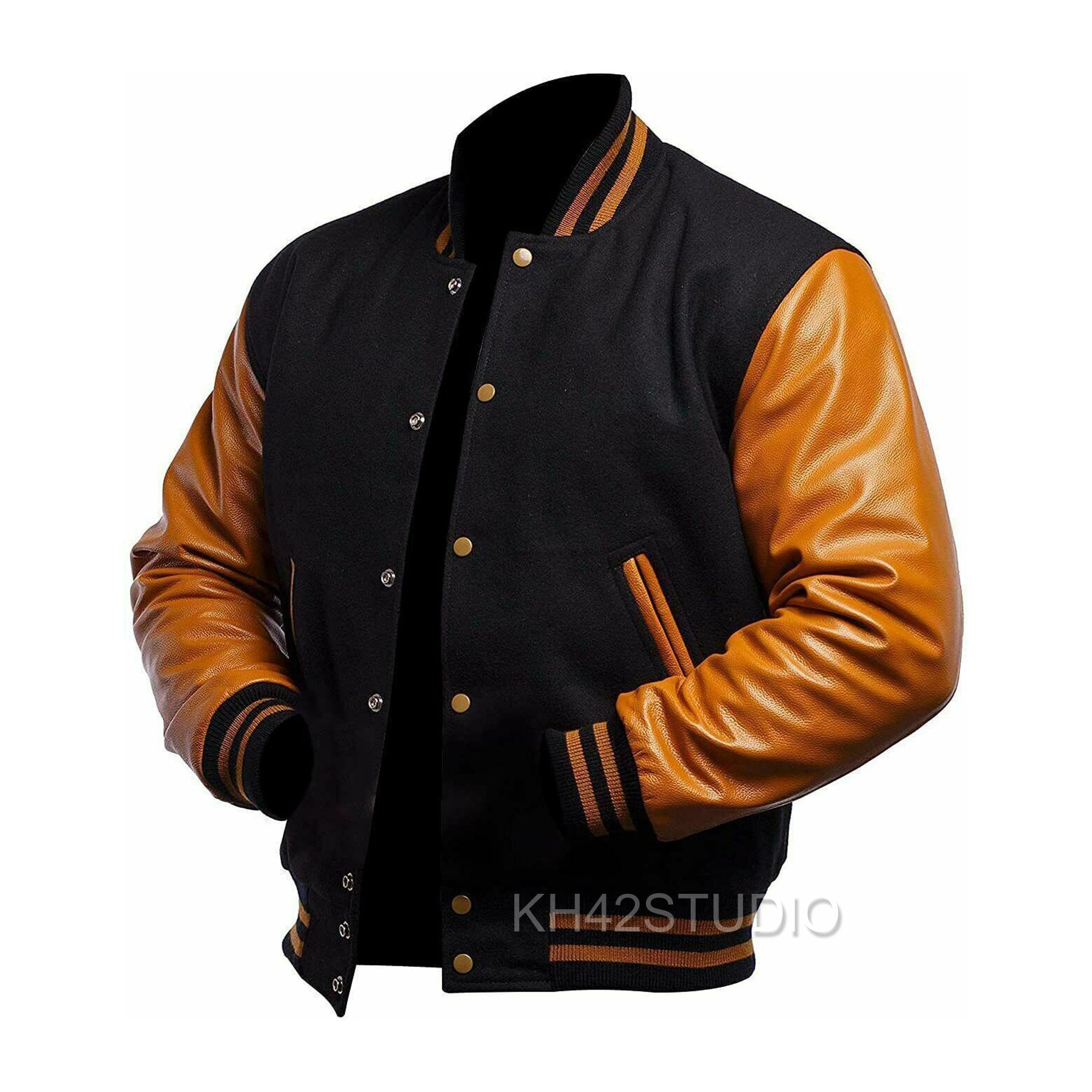Quality Varsity Letterman Jacket Bomber Jacket Black Wool and Brown ...