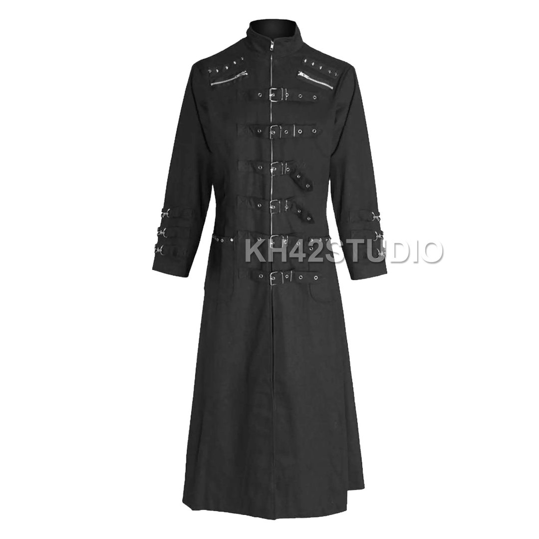 Gothic Straps Uniform Coat Black Men Riverts Long Coat Neb Zipper Goth ...