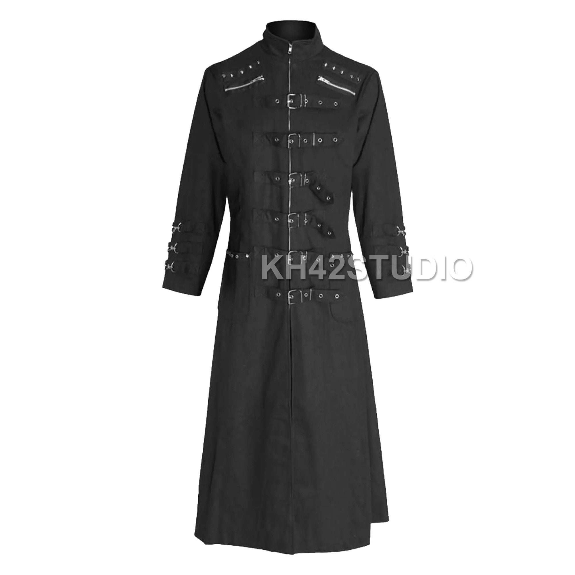 Gothic Straps Uniform Coat Black Men Riverts Long Coat Neb Zipper Goth ...