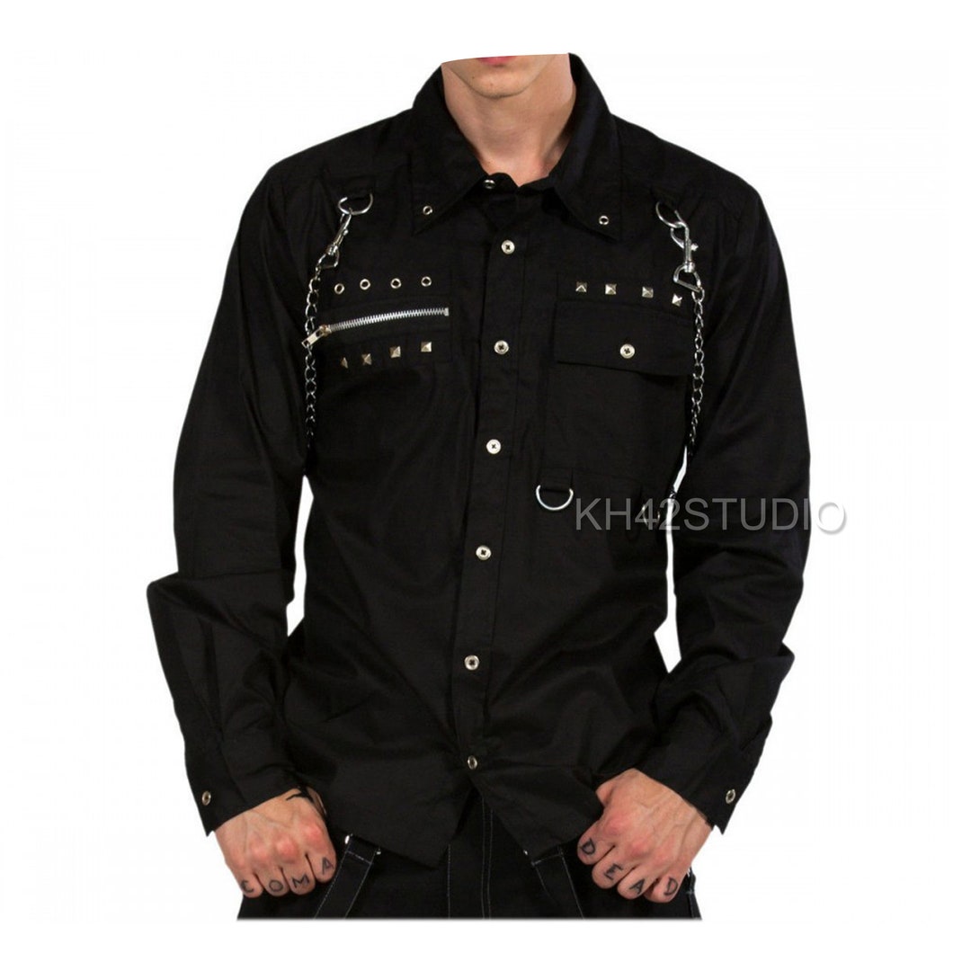 Men Gothic Long Sleeve Shirt Punk Metal Studs Chains Button up Shirts ...