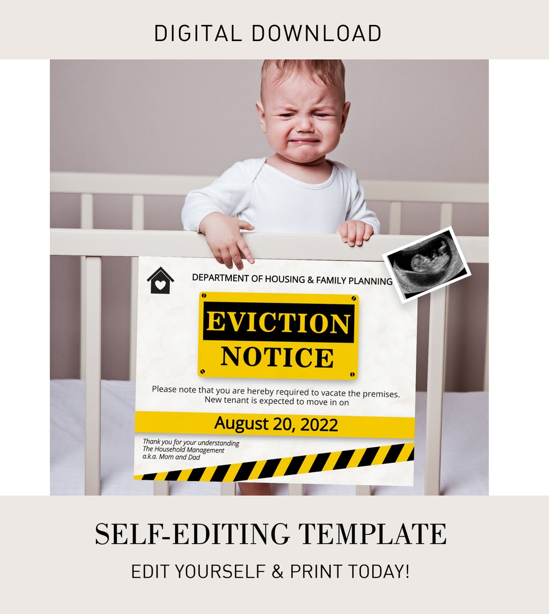 Editable Eviction Notice Baby Pregnancy Announcement for Sibling ...