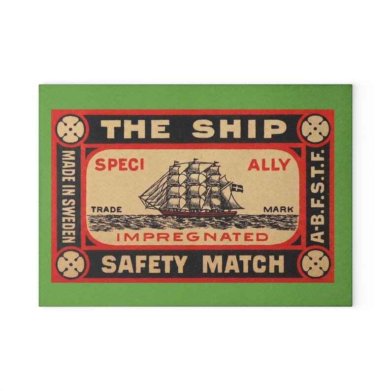 Vintage Ship Matchbox Label Glass Cutting Board | Nautical Kitchen ...